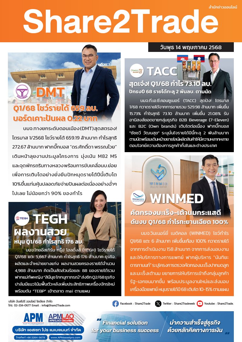 หนังสือพิมพ์อิเล็กทรอนิกส์ Share2Trade 14 พ.ค. 2568 (DMT, TACC, TEGH, WINMED) | Share2Trade